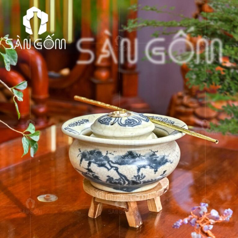 Điếu bát dáng bầu men rạn giả cổ họa tiết Tùng hạc diên niên SG-DB08