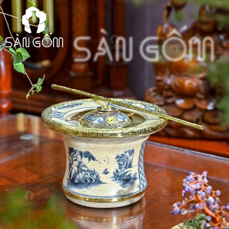 Điếu bát Bát Tràng bọc đồng Rồng nổi dát vàng cao cấp SG-DB01