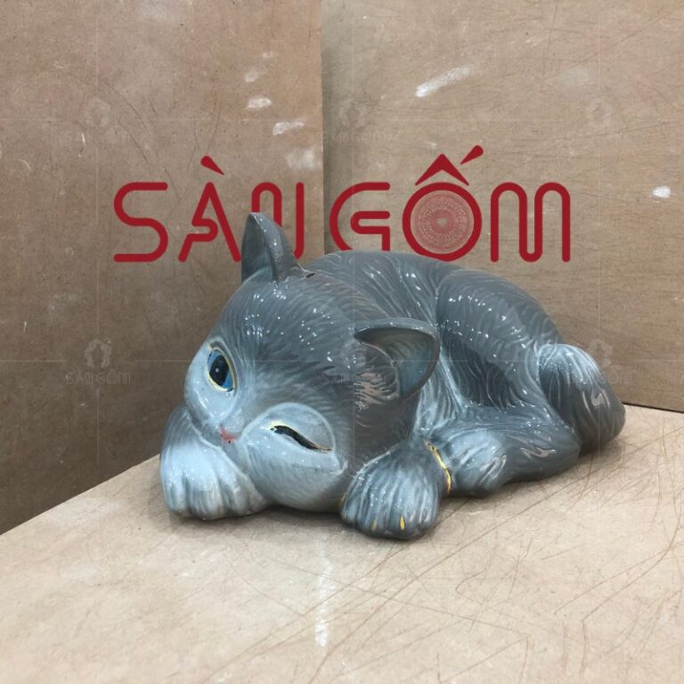 Ống tiết kiệm hình con mèo dáng nằm màu xám nhạt SG-HĐ52