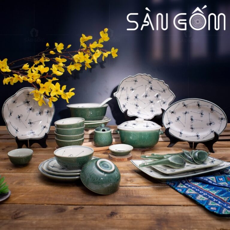 Bộ bát đĩa Bát Tràng họa tiết chuồn chuồn vẽ tay SG-BD55