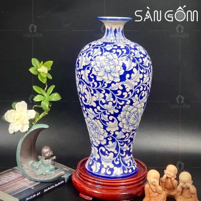 Bình hoa gốm sứ Bát Tràng dáng vò tròn vẽ hoa phù dung SG-LH444