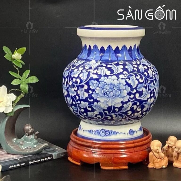 Bình hoa gốm sứ Bát Tràng dáng vò tròn vẽ hoa phù dung SG-LH444